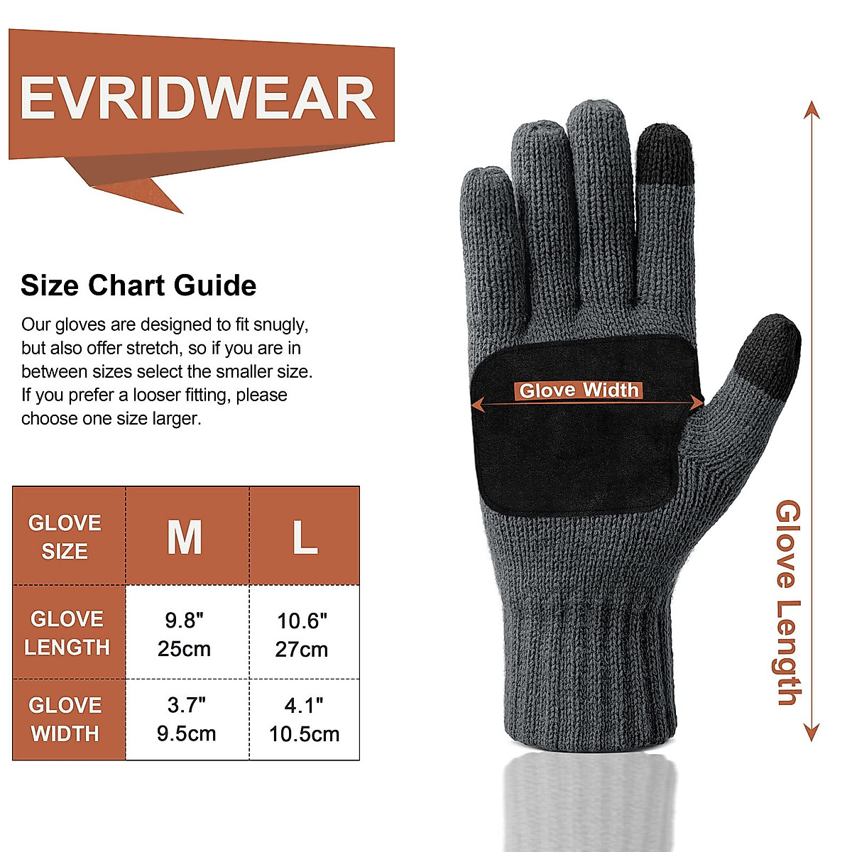 Evridwear Mens Winter Warm Gloves,Wool Knitted Thermal Anti-Slip Touchscreen Glove with 3M Thinsulate Insulated Lining for Cold WeatherLight Work(Grey,L)