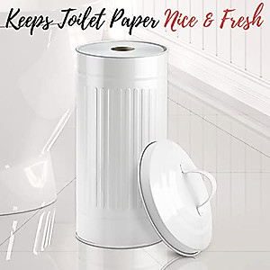 Autumn Alley White Toilet Paper Reserve Holder Canister with Lid – Vertical Rustproof Free-Standing Farmhouse Metal Toilet Tissue Caddy for 3 Mega Rolls, Rustic Behind/Beside Toilet Storage Stand
