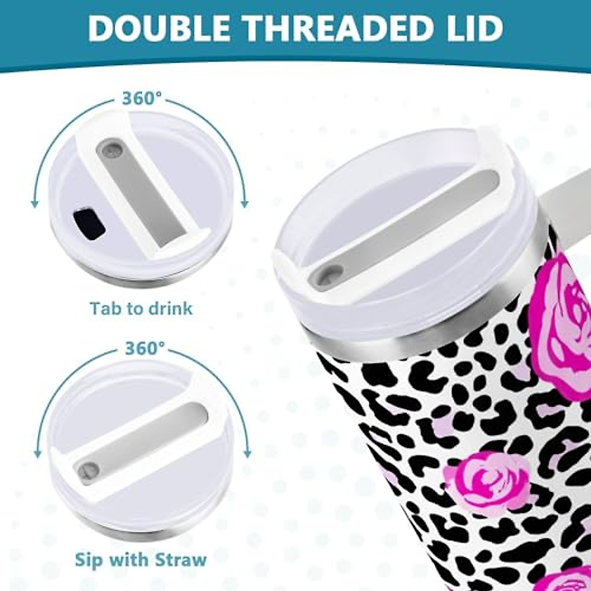 RPLIFE Pink Roses Leopart Print Tumbler Cup, Stainless Steel Coffee Cup, Insulated Cups with Lids, Tumbler for Men