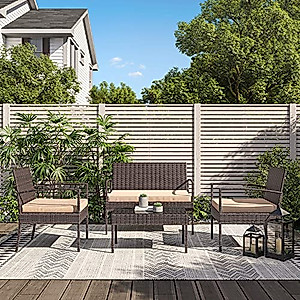 BELLEZE Patio Furniture Set 4 Pieces Outdoor Furniture Rattan Chairs and Table Wicker Sofa Garden Conversation Bistro Sets with Cushions for Porch Yard Pool or Backyard, Brown