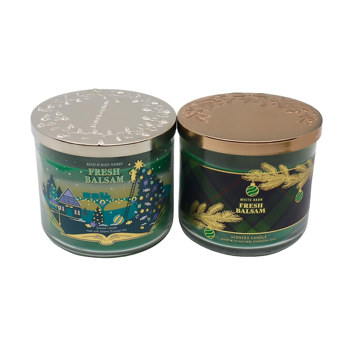 Bath & Body Works Fresh Balsam 3-Wick Candle Christmas 2023 2-pc Bundle – Limited Edition (Winter Village & Tree Branches Pattern), Green