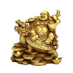 BRASSTAR 4.5”(H) Ruyi Laughing Buddha and Turtle-Wealth, Good Fortune, Health Buddha Statue for Home Office Decor PTZY062