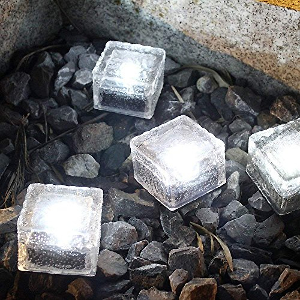 WONFAST 4 Pack Solar Path Ice Cube Lights Outdoor, Waterproof Glass LED Glass Clear Brick in-Groud Buried Festive Light Night Lamp for Garden Courtyard Pathway Patio Pool Pond Decoration(White)