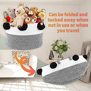QDSTCKJ Cotton Rope Storage Basket 15" x 15" x 8.5", Woven Laundry Basket with Handles and Pom-poms, Blanket Basket Living Room, Storage Basket for Organizing, Toy Basket, Black and White.