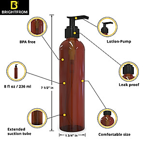 BRIGHTFROM Lotion Pump Bottles, Empty 8 OZ, BPA-Free Refillable Plastic Containers, Amber with Black Dispenser for - Soap, Shampoo, Lotions, Liquid Body Soap, Creams and Massage Oil (3 PACK)