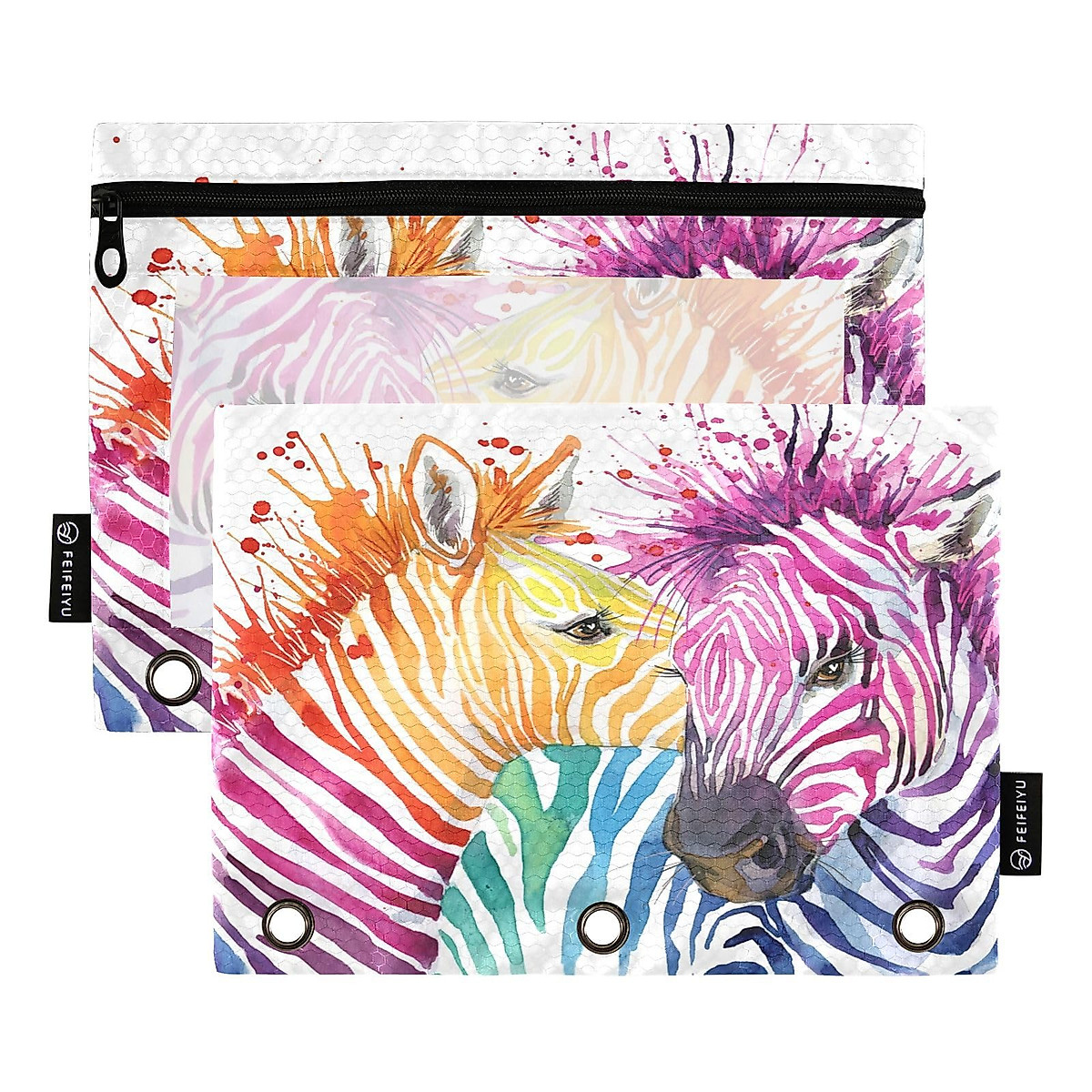 MAOBLYR Cute Watercolor Zebra Standard 3-Ring Zipper Clear Binder Pocket,Large Capacity Office 7 x 9In (2 PCS)