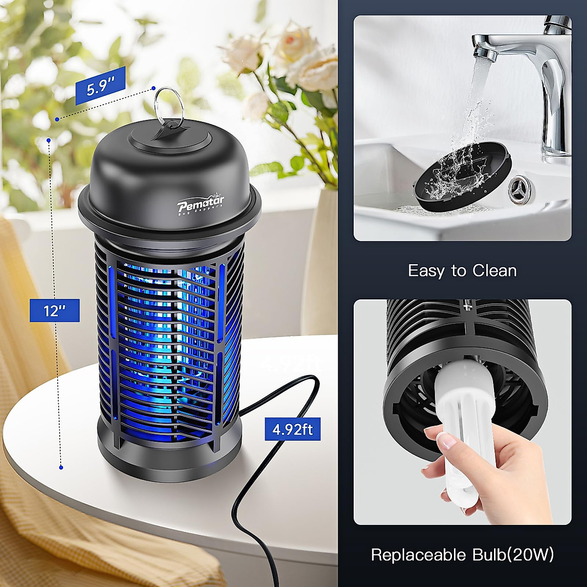 PEMATAR Bug Zapper Outdoor Electric, 4200V/20W High Power Voltage Mosquito Zapper, IPX4 Waterproof Fly Traps, Fly Zapper for Camping, Backyard, Patio and Garden