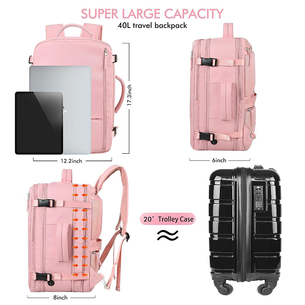 Beraliy Large Travel Backpack for Women, Personal Item Bag Airline Approved, Carry On Luggage, 17.3 inch Laptop Backpack, Waterproof Backpack,Hiking Backpack, Pink