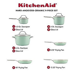 KitchenAid Hard Anodized Ceramic Ceramic Nonstick Cookware Pots and Pans Set, 9 Piece - Pistachio