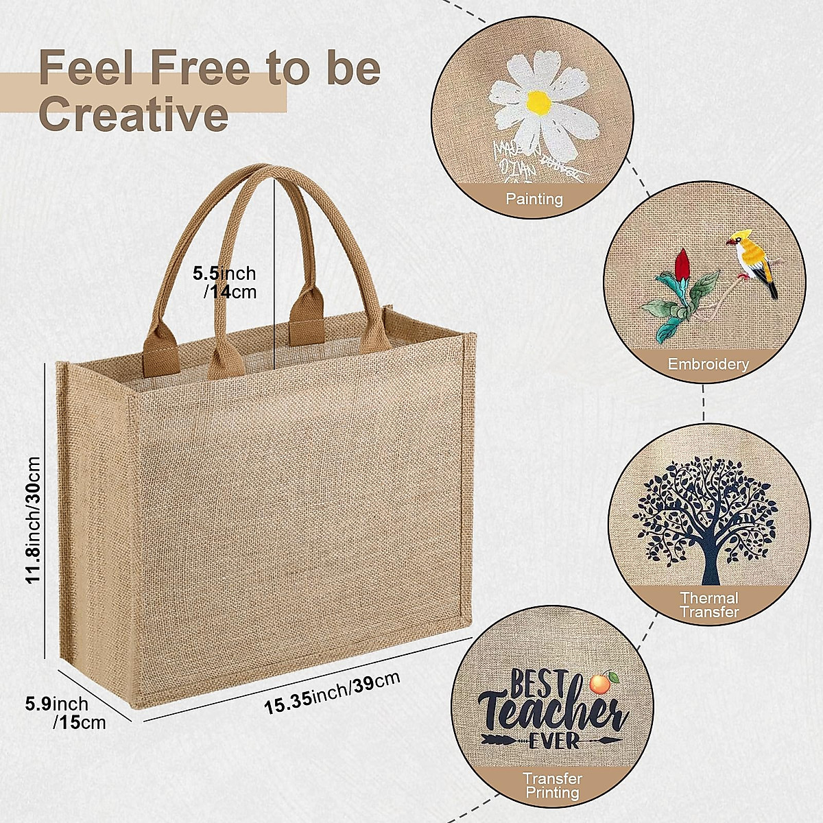 10 Pack Burlap Tote Bags Reusable Jute Bags with Handles Blank Burlap Tote Large Jute tote 15.1X11.8X5.5Inch Burlap Gift Bags for Grocery Shopping Wedding Travel Bachelorette Party Embroidery DIY Art