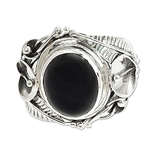 NOVICA Artisan Handmade Onyx Flower Ring Women's Floral Sterling Silver Cocktail Black Indonesia Birthstone [crownbezel 0.7 in H x 0.3 in W x 0.3 in D Band Width 0.1 in W] ' Nest of Lilies'
