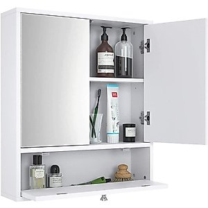 LUARANE Bathroom Medicine Cabinet, Wall Mounted Cabinet with Double Mirror Door Pull-Down Door, Storage Organizer Cabinet with Adjustable Shelf, Mirror Cabinet for Bathroom Living Room, White