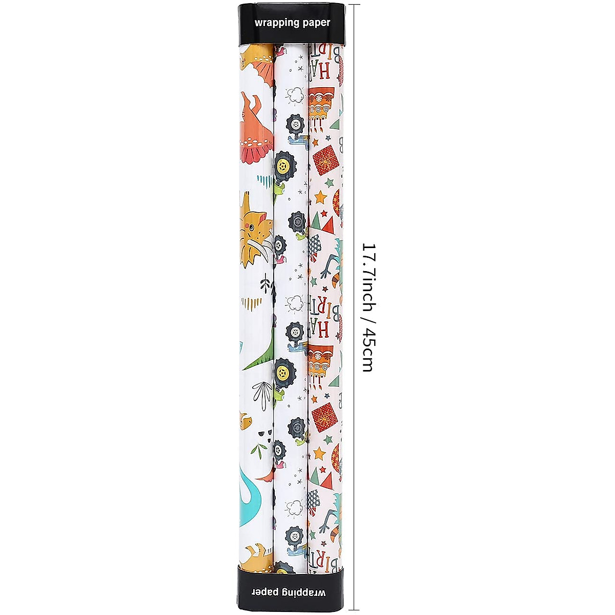 CAMKUZON Birthday Wrapping Paper Rolls for Kids Boys Girls Baby Shower Holiday - Cartoon Dinosaur, Monster Truck and Happy Party Designs Gift Wrap - Pack of 3, 17.7 Inch X 10 Feet Per Roll