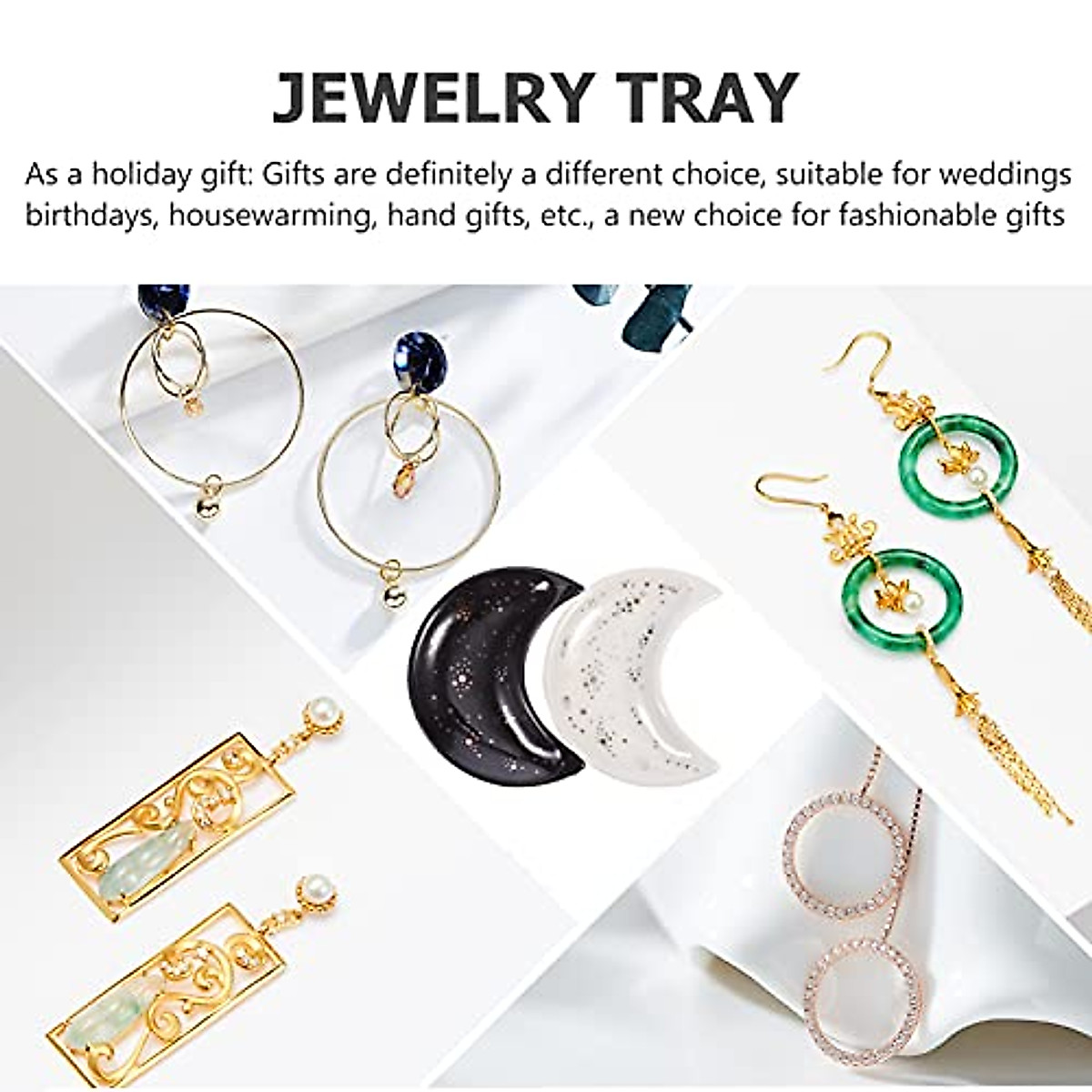 VOSAREA 2Pcs Moon Tray Crystal Holder Ceramic Jewelry Tray Tea Serving Tray Dishes Dessert Fruit Snack Plate Jewelry Organizer for Home Kitchen Hotel Guest Room