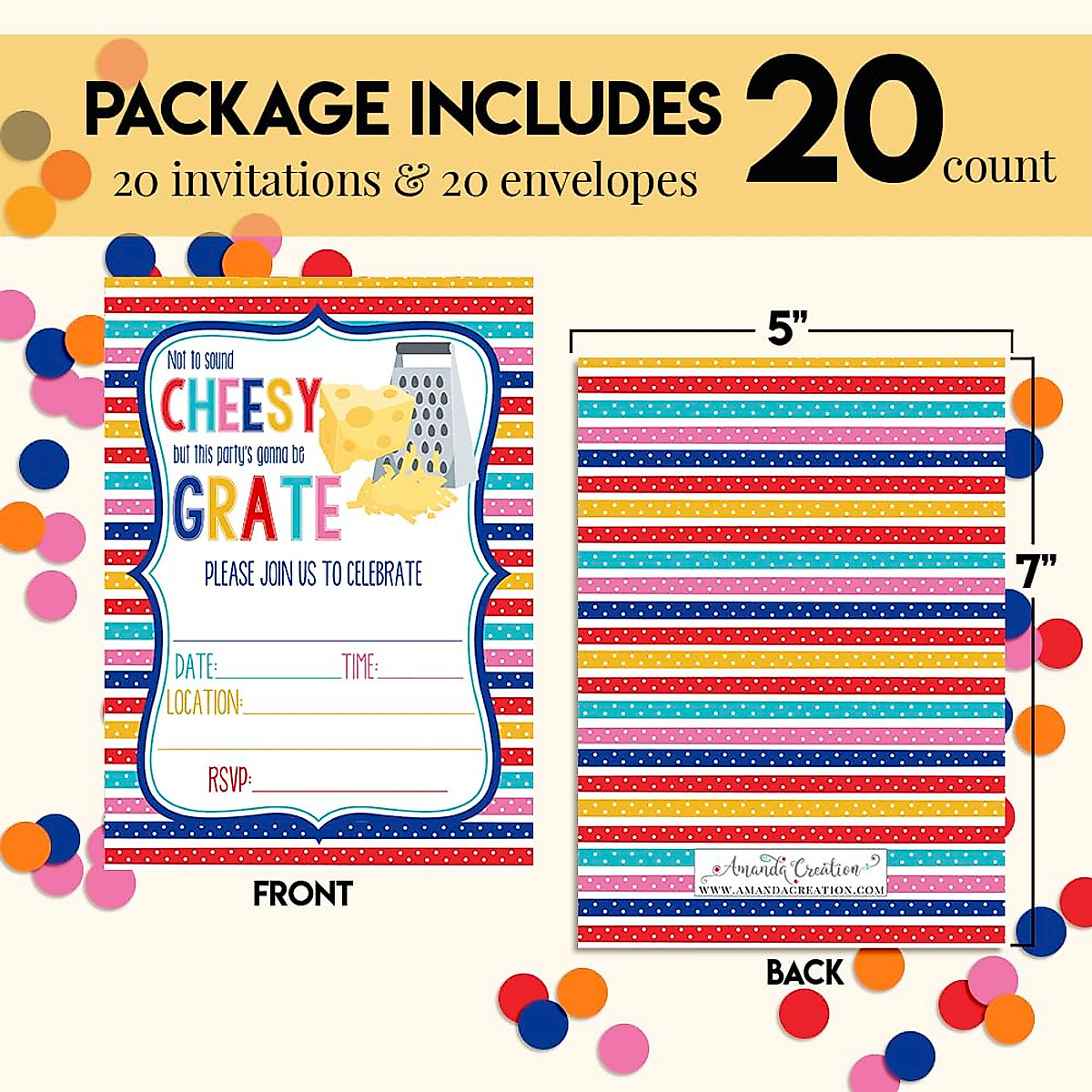 Cute & Silly Shredded Cheese Themed Birthday Party Invitations for Kids, 20 5x7 Fill In Cards with Twenty White Envelopes by AmandaCreation…