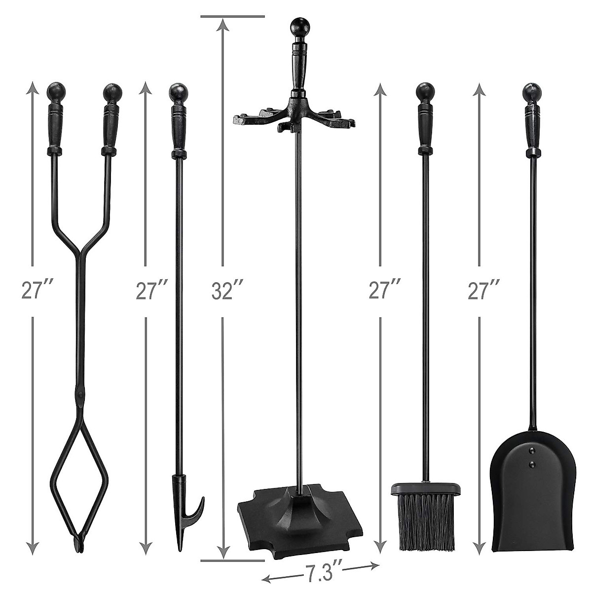 WBHome Fireplace Tools Set 5 Pieces Wrought Iron Fireset Fire Pit Poker Wood Stove Log Tongs Holder Fireplace Tool Set With Pedestal Place, 32 Inch (Black All)