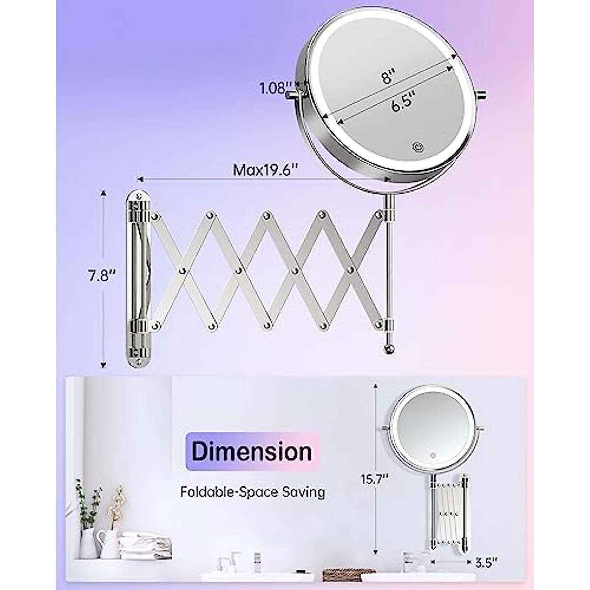 Rechargeable Wall Mounted Lighted Makeup Mirror, 1X/10X Magnifying Mirror with 3 Light Settings, 8 Inch 360° Swivel Extendable Bathroom Mirror, Double Sided Telescoping Mesh Vanity Mirror - Chrome
