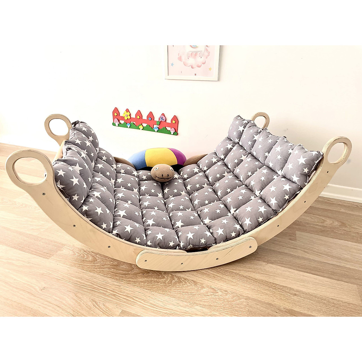 My Photostation.com Montessori 2 Pieces Set Arch and Pillow-Wooden Climbing Arch Cushion Pikler Triangle Set Kids Climbing Arch Rocker Pillow Climber Toddler Rocker Kid Toy Wooden Waldorf Pickler