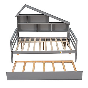 Full Size Platform Bed with Bookcase Headboard, Full Bed Frame with Trundle and Storage Shelves Wood Daybed Captain Beds with Slats Support for Kids Boys Girls Teens, Gray