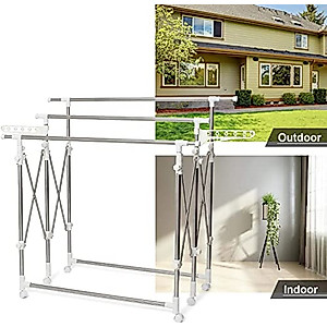 Todeco Clothes Drying Rack, Foldable Stainless Steel Laundry Drying Hanger Rack on Wheels for Laundry with Extendable Rods and Hanging Rail for Indoor Outdoor