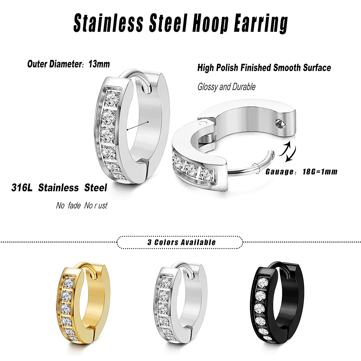 FIBO STEEL 13MM Stainless Steel Small Hoop Earrings for Men Women Huggie Earrings CZ Inlaid Silver-Tone