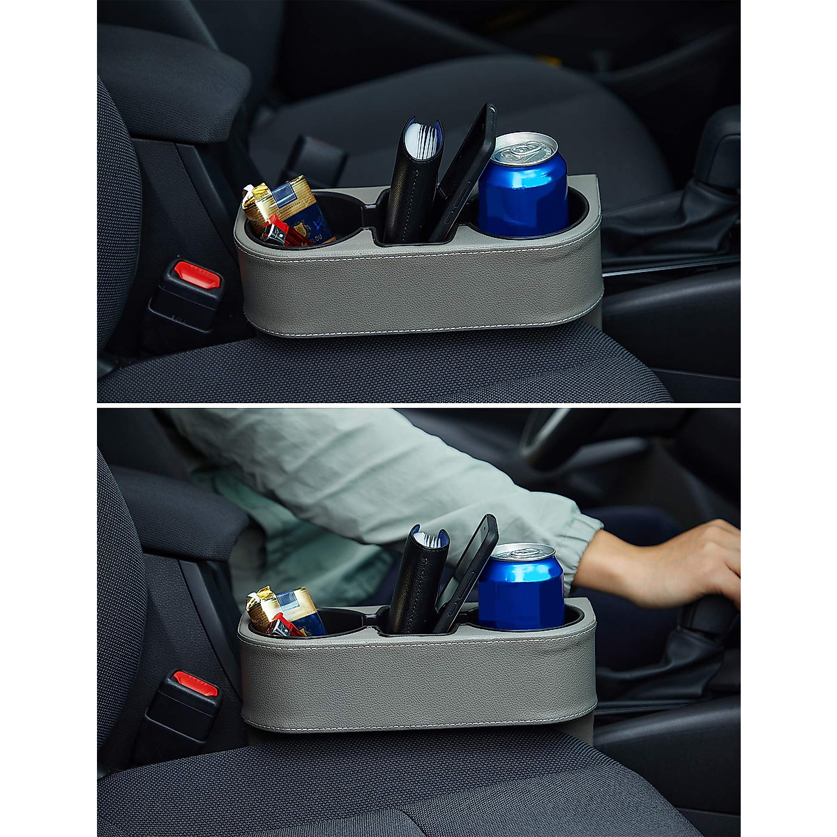 IOKONE Coin Side Pocket Console Side Pocket Leather Cover Car Cup Holder Auto Front Seat Organizer Cell Mobile Phone Holder (Gray)