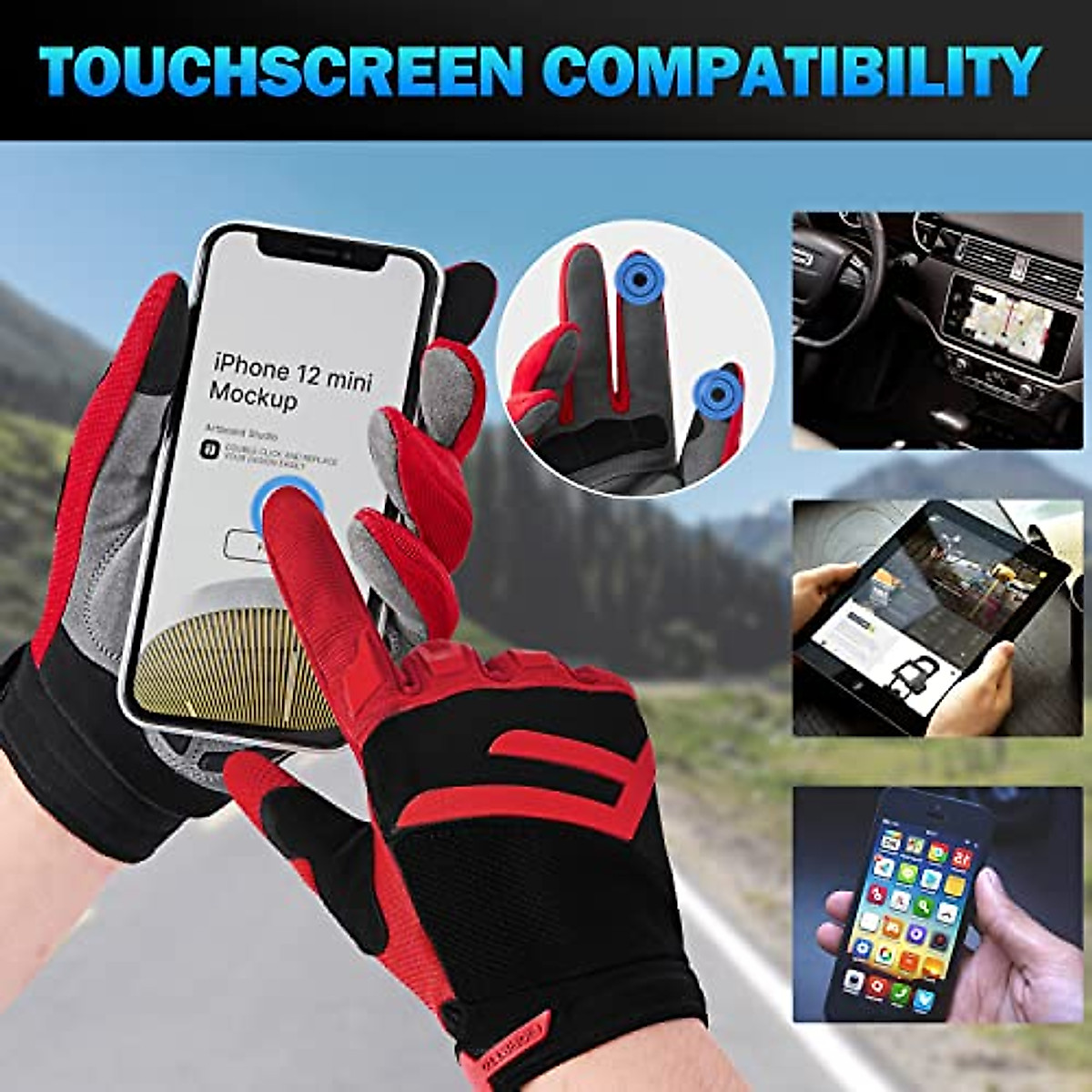 FIORETTO Mountain Bike Gloves for Men Women Motorcycle Cycling Gloves with 5MM SBR Pad Touch Screen Knuckle Protection Motocross Gloves for BMX ATV MTB Racing