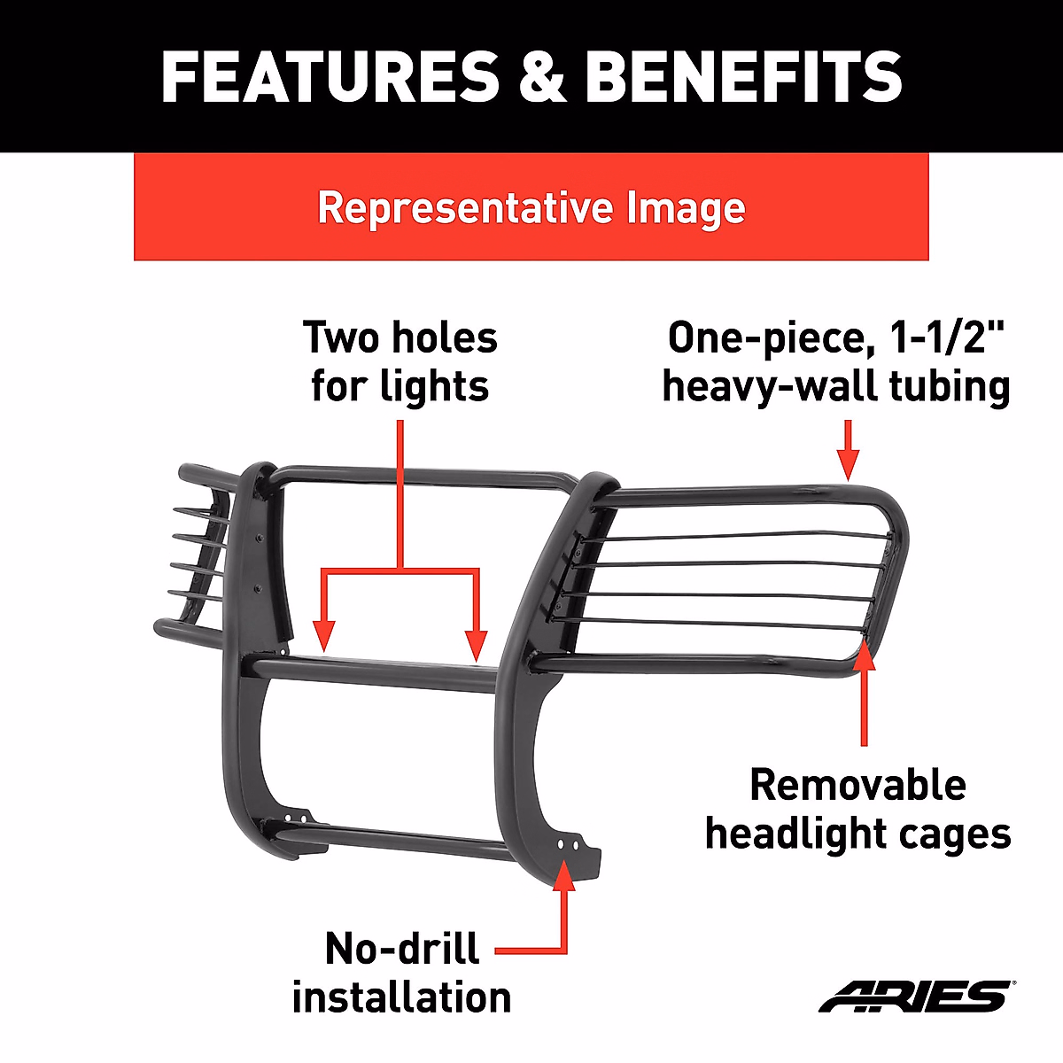 ARIES 4076 1-1/2-Inch Black Steel Grille Guard, No-Drill, Select Hummer H2