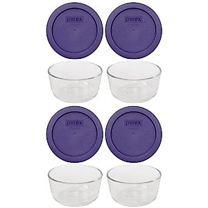 Pyrex (4 7202 Glass Bowls & (4) 7202-PC Plum Purple Lids Made in the USA