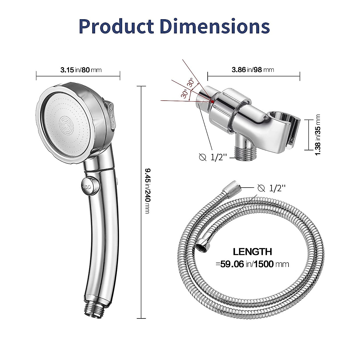 HANLIAN High Pressure Shower Head with Pause Function, 3 Spray Settings Handheld Shower Head with On Off Switch, Watersaving Detachable Showerhead with 5Ft Stainsteel Hose and ABS Bracket (Chrome)