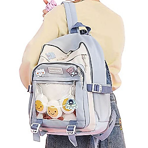 Newlifegift Kawaii Backpack with Girls Cute Pin Accessories Plush Pendant Kawaii School Backpack Cute Aesthetic Backpack (Blue)