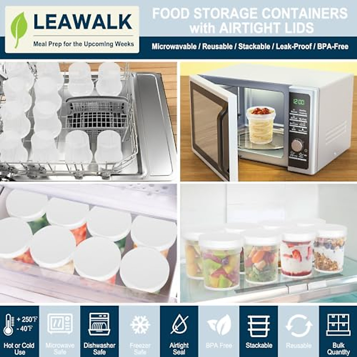 LEAWALK Plastic Deli Containers with Lids 16oz 48PACK,Freezer Food Storage Containers, Slime, Soup, Meal Prep Containers, BPA- Free,Stackable, Leakproof, Microwave,Dishwasher,Freezer Safe