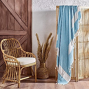 Aegean Concept Blanket, Vintage Boho Rustic 100% Cotton Super Soft 88"x90" (225 cm x 230 cm) Queen Size, Adult Turkish Muslin Light Bedcover Bedspread Queen Blankets, (Turquoise)