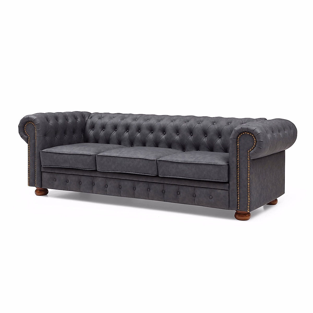 N NOORDENIYA Chesterfield Sofa,Faux Leather Couch Upholstered Sofa with Low Back,Roll Arm Nailhead Trim Classic 3 Seater Sofa for Living Room,Home Furniture (Dark Grey)