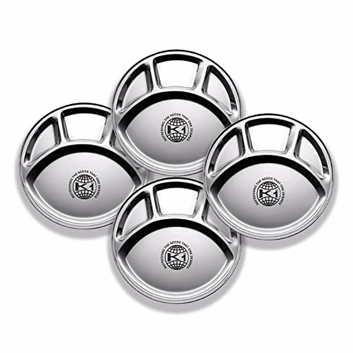 King International Stainless Steel Plates, Divided Indian Dinner Plate,Four Section Round Plates Set Of 4, 12'', Section Control Plate, Kids Plate, Indian Thali Plate