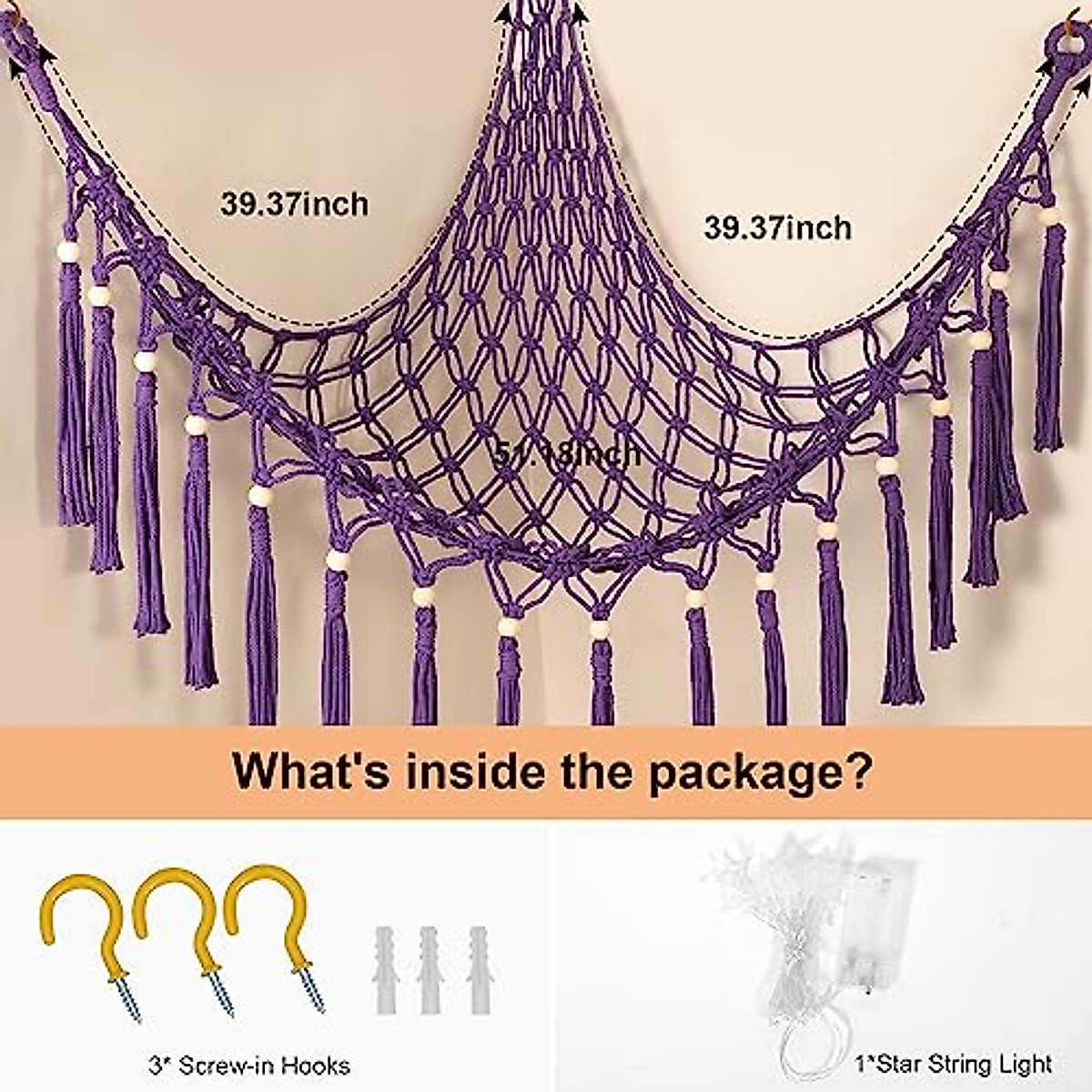 Razella Purple Stuffed Animal Net or Hammock with LED Light Net for Stuffed Animals Corner Plush Animal Storage Hammock for Wall Bedroom Living Boho Kids Room Decor