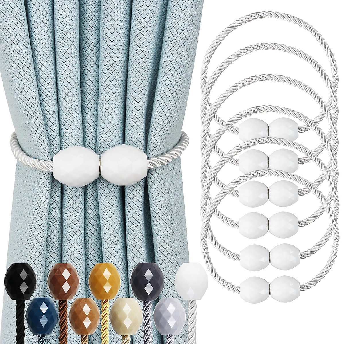 Hangtty 6 Pack Strong Magnetic Curtain Tiebacks Rope Decorative Curtain Tie Backs Magnetic Curtain Holders for Drapes Window Treatment Holdbacks, White