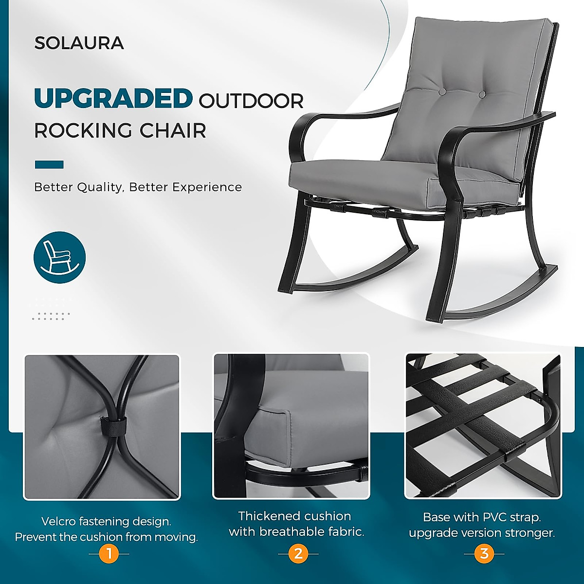 SOLAURA 3-Piece Outdoor Rocking Chairs Bistro Set, Black Iron Patio Furniture with Gray Thickened Cushion & Glass-Top Coffee Table