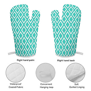 2Pcs Oven Mitts and Pot Holders Set, Mint Green White Coral Diamond Pattern Oven Mitts Gloves Set Heat Resistant Hot Pads for Kitchen Cooking Grill