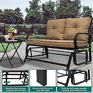 X&T Outdoor Porch Glider, Patio Glider Chair with 3.5 Inch Thick Cushion, 2 Seats Glider Benches for Outside, Garden Steel Frame Swing Rocker Seating, Khaki, (1)