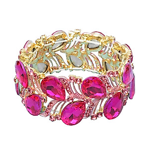 CSY Elegant Stretch Bangle Bracelets Bridal Art Deco Teardrop Crystal Elastic Wide Statement Bracelet for Women Party Prom (hot pink crystal-gold tone)