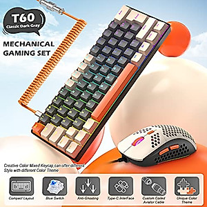 ZIYOU LANG RK-T60 Wired Mechanical Gaming Keyboard and Mouse Combo Portable with Rainbow Backlit 62Key NKRO 6400DPI RGB Honeycomb Mice Coiled Aviator Cable for PS4/PC/WIN Gamer(Dark Gray/Blue Switch)