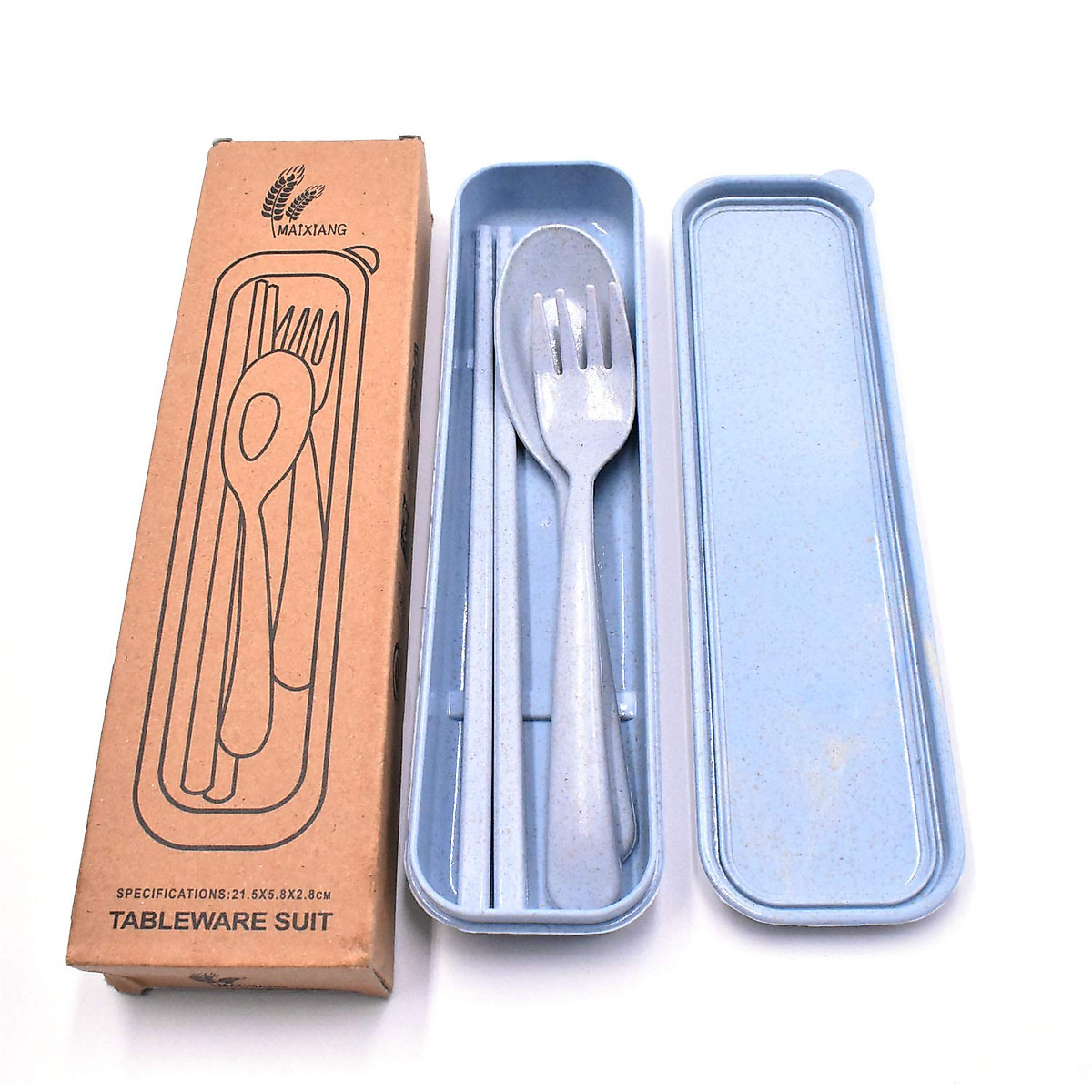 3PCS Portable Cutlery Blue Boreal Europe Style Healthy Eco-Friendly Wheat Straw Spoon Chopstick Fork Tableware set for Travel, Picnic, Camping or Just for Daily Use (Blue)