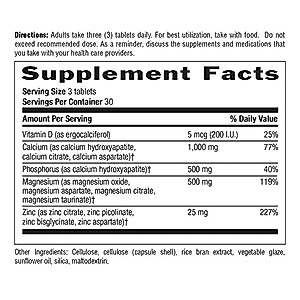 Country Life Target Mins Calcium-Magnesium Zinc with Vitamin D, 1000mg/500mg/25mg 90 Count, Certified Gluten Free, Certified Vegan