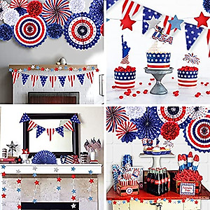 46pcs 4th of July Patriotic Decorations - Fourth of July Decor American Flag Party Supplies - USA Flag Pennant, Red White Blue Paper Fans, Cupcake Toppers, Star Streamer, Hanging Swirls Party Decor