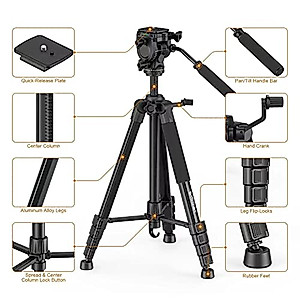 Smvchen 74.8"Camera Tripod with Fluid Head Phone Clip 2 Quick Release Plate 3 Metal Feet for DSLR Camera Video Camera Panoramic Camera Sports Camera Projectors Telescopes and Iphone14 Max Load 11 Lbs