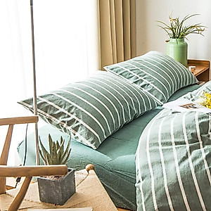 NSNLGSGC Sage Green Striped 100% Washed Cotton Duvet Cover Set Twin - Linen Feel Bedding Set,Durable & Breathable Comforter Cover Set(2PCS, Twin)