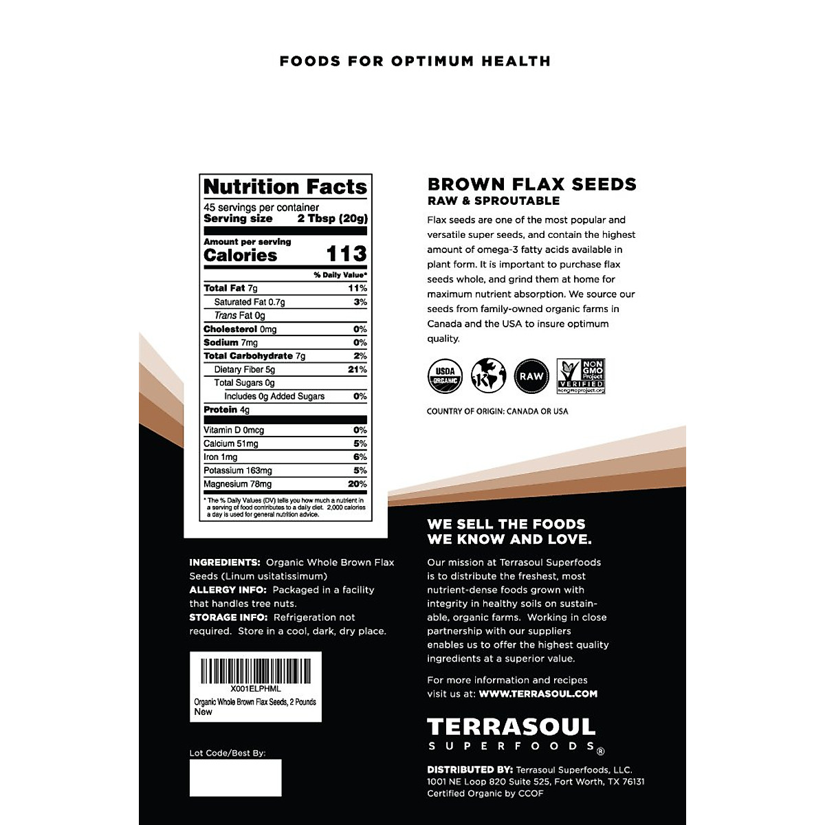 Terrasoul Superfoods Organic Brown Flax Seeds, 2 Pound