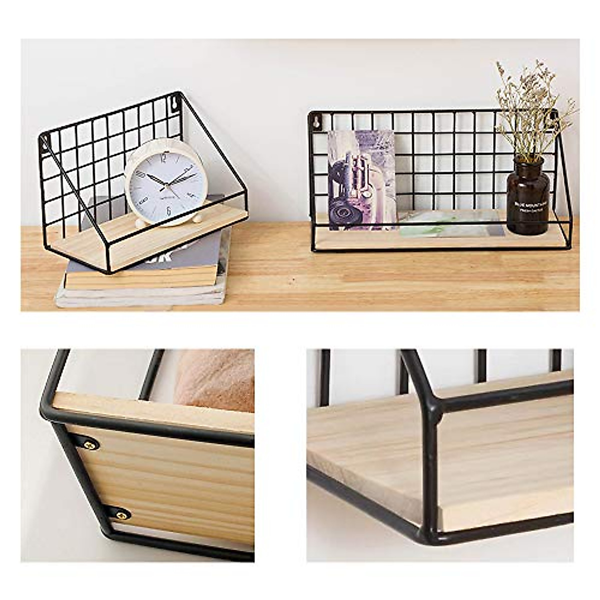 Black Floating Shelves Wall Mounted Set of 2 Rustic Wood Storage Hanging Shelf for Bedroom Bathroom Living Room Kitchen Office