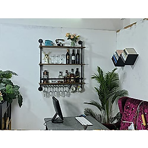 Wall Mounted Wine Rack with Bottle and Glass Storage, 3 Tier Wood Shelves and Cup Holders, Black